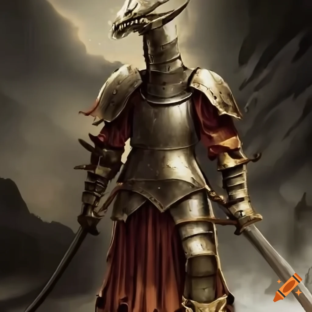 Dragon wearing metal armor and wielding a sword on Craiyon