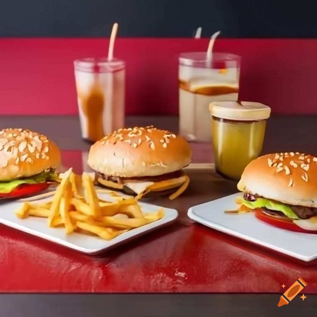 Delicious fast food layout with burgers, fries, and drinks on Craiyon