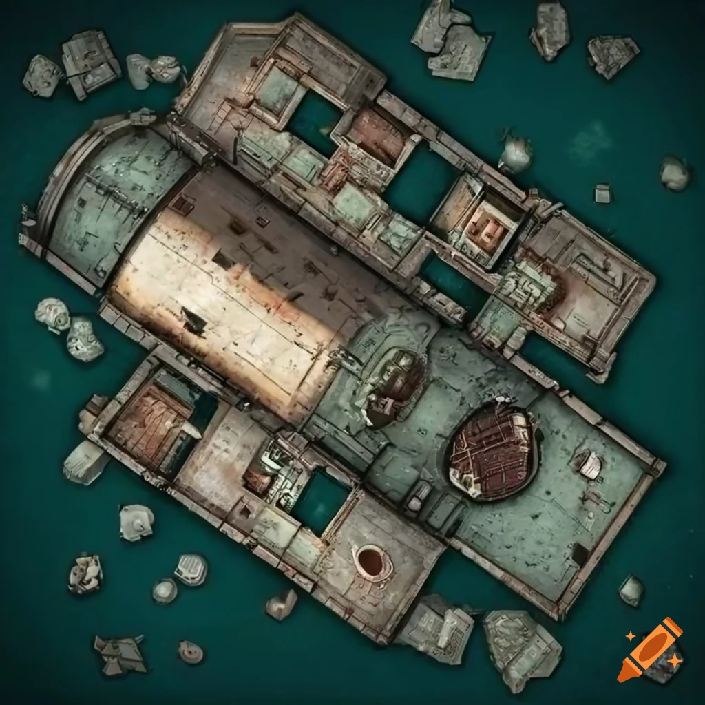 Top down battlemap of a derelict space station with rust and debris on ...