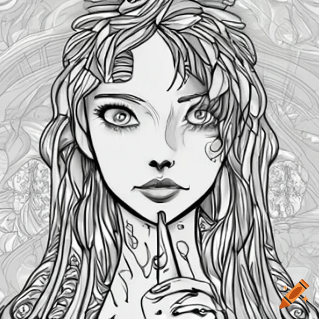 2d line drawing of gaia's face for adult coloring book on Craiyon