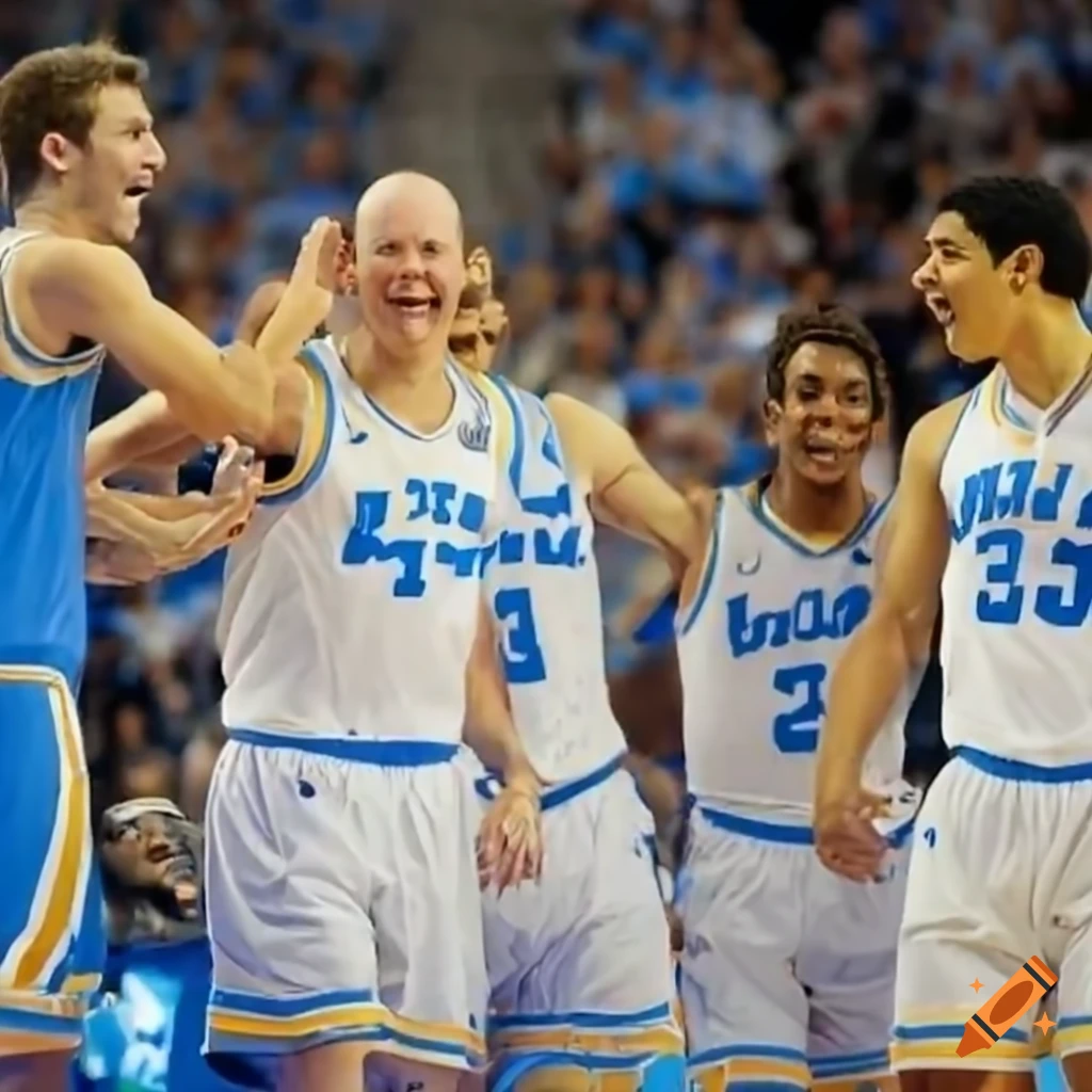Ucla basketball players celebrating victory with head coach michael ...