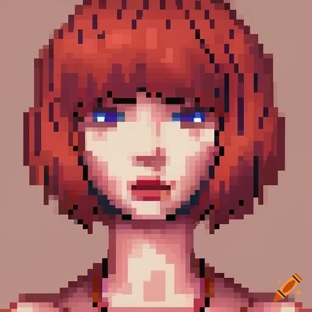 Pixel art of a red-haired girl with short hair on Craiyon