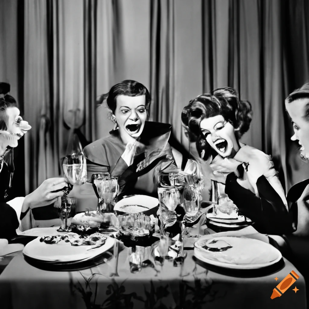 Crowded dinner party scene in black and white with guests expressing ...