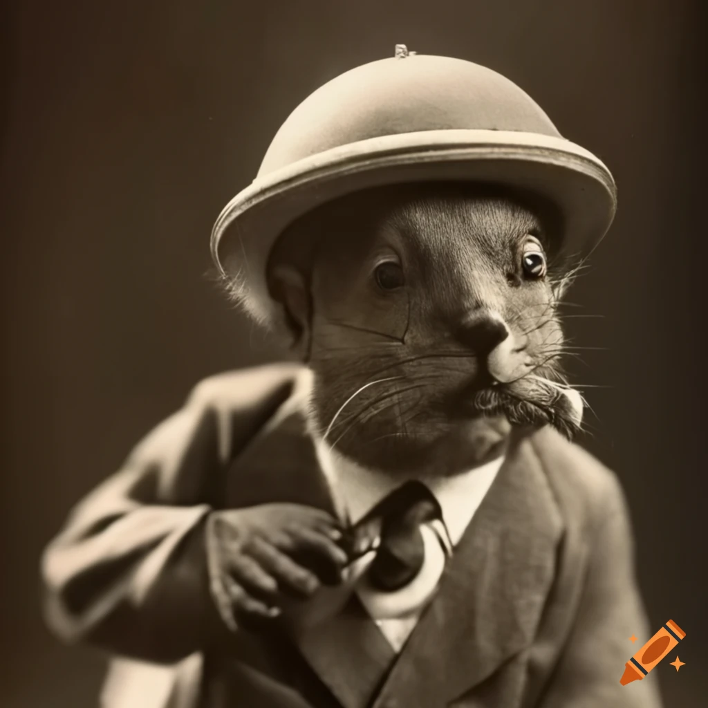 Squirrel in a suit and pith helmet in a vintage photograph on Craiyon