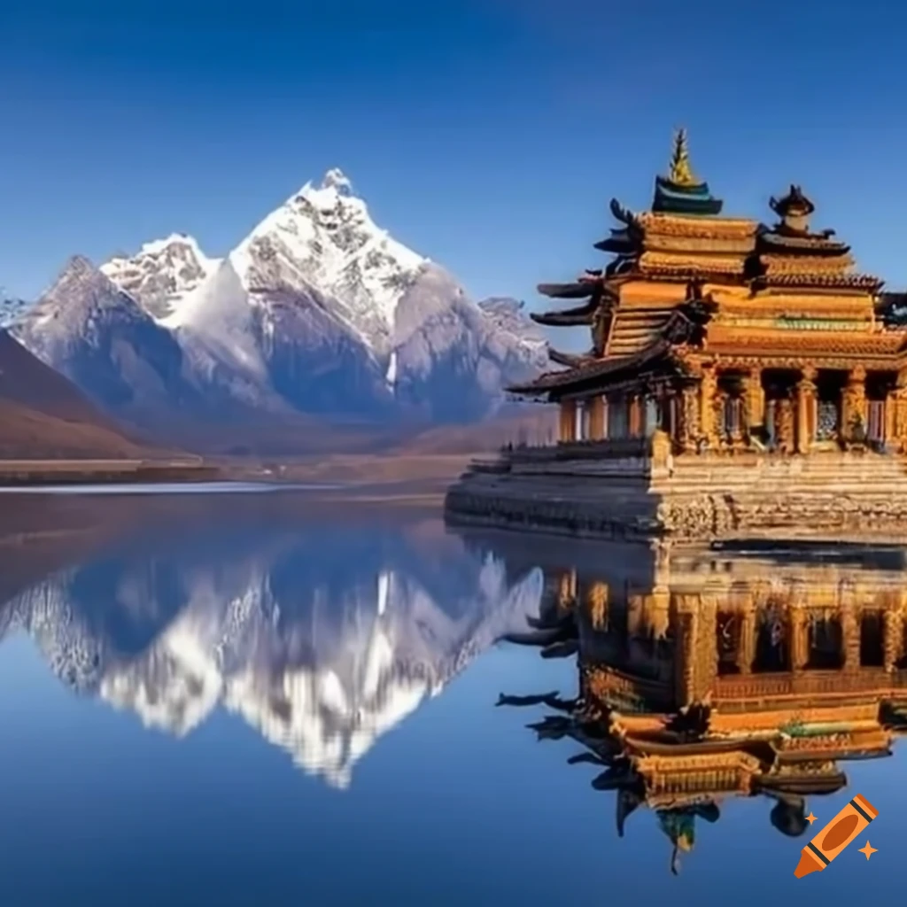 Magnificent ancient temple surrounded by snow-capped peaks on Craiyon