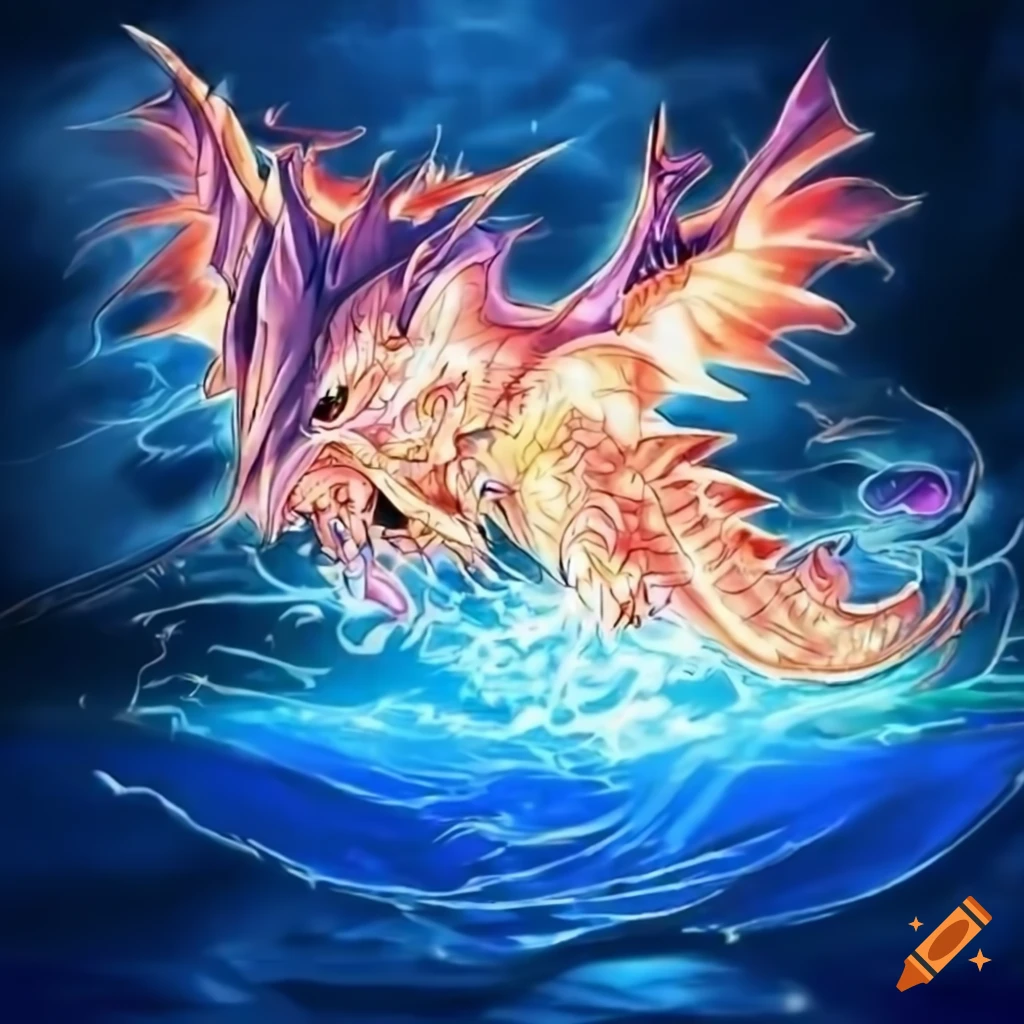 Blue Asian fire dragon soaring over the ocean in Yu-Gi-Oh art style on ...