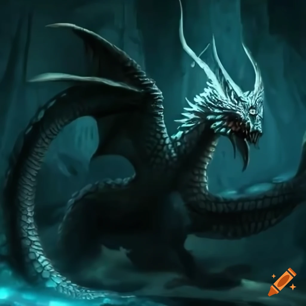 Fearsome dragon in a stone courtyard with glowing crown on Craiyon