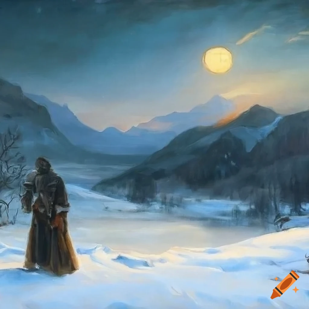 Knight resting in snowy mountain landscape overlooking painting on Craiyon