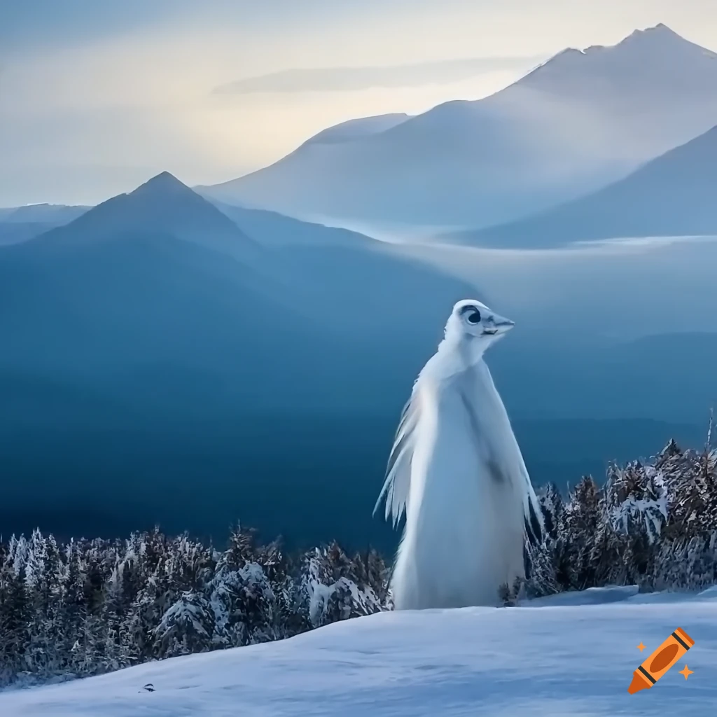 Tall white bird man with grey face and long beak walking in a snowy ...