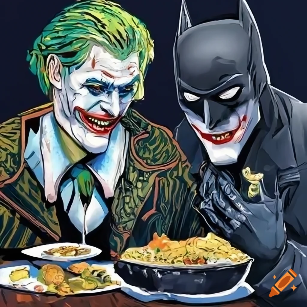 Joker and batman in a starry night dinner scene in van gogh style on ...