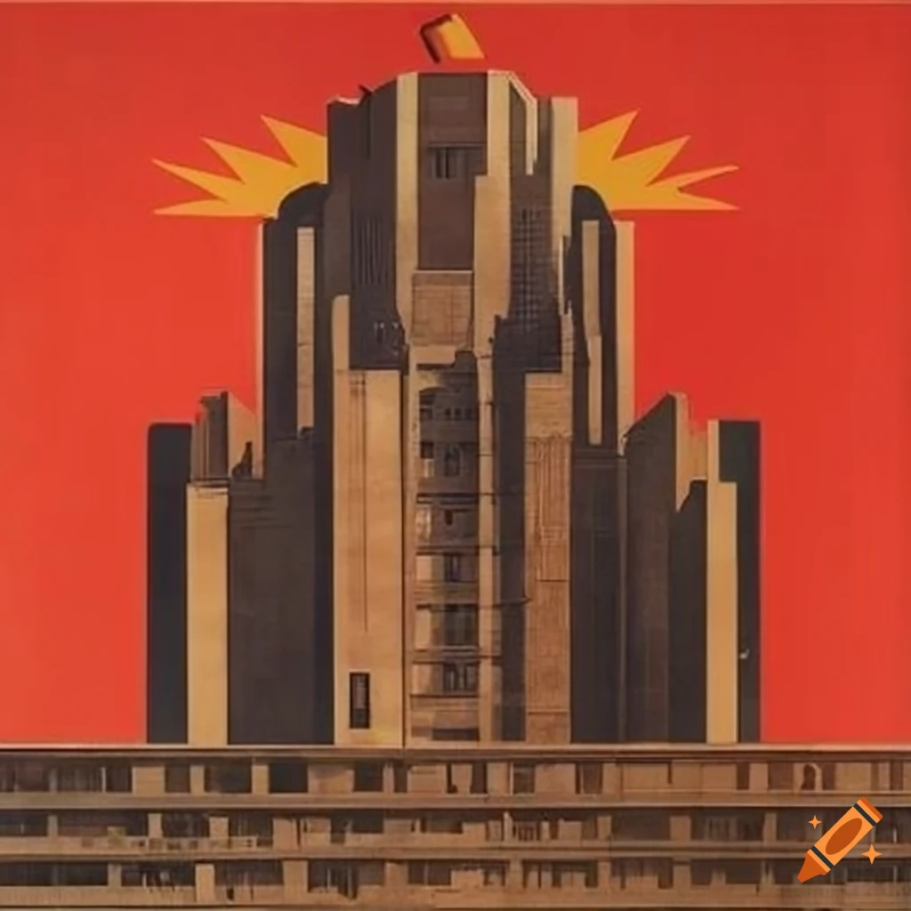 Soviet propaganda poster with brutalist architecture in biblical style ...