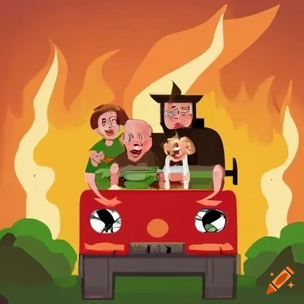 Cartoon of a family evacuating from home with a wildfire in the background on Craiyon