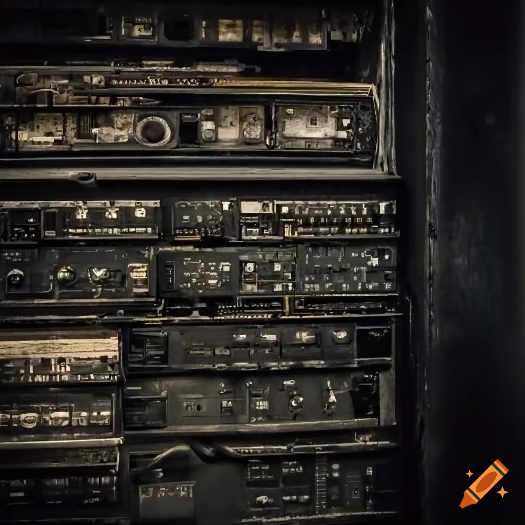 A gloomy concrete room with old rusty electronic equipment and a large ...