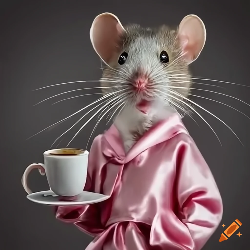 Adorable mouse in silk pyjamas holding a tiny cup of coffee with an eye ...