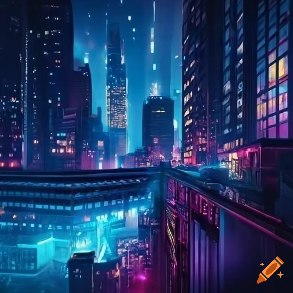 Nighttime city rooftop with neon lights on Craiyon