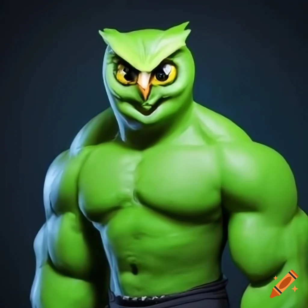 Green Duolingo owl head on an Incredible Hulk body on Craiyon