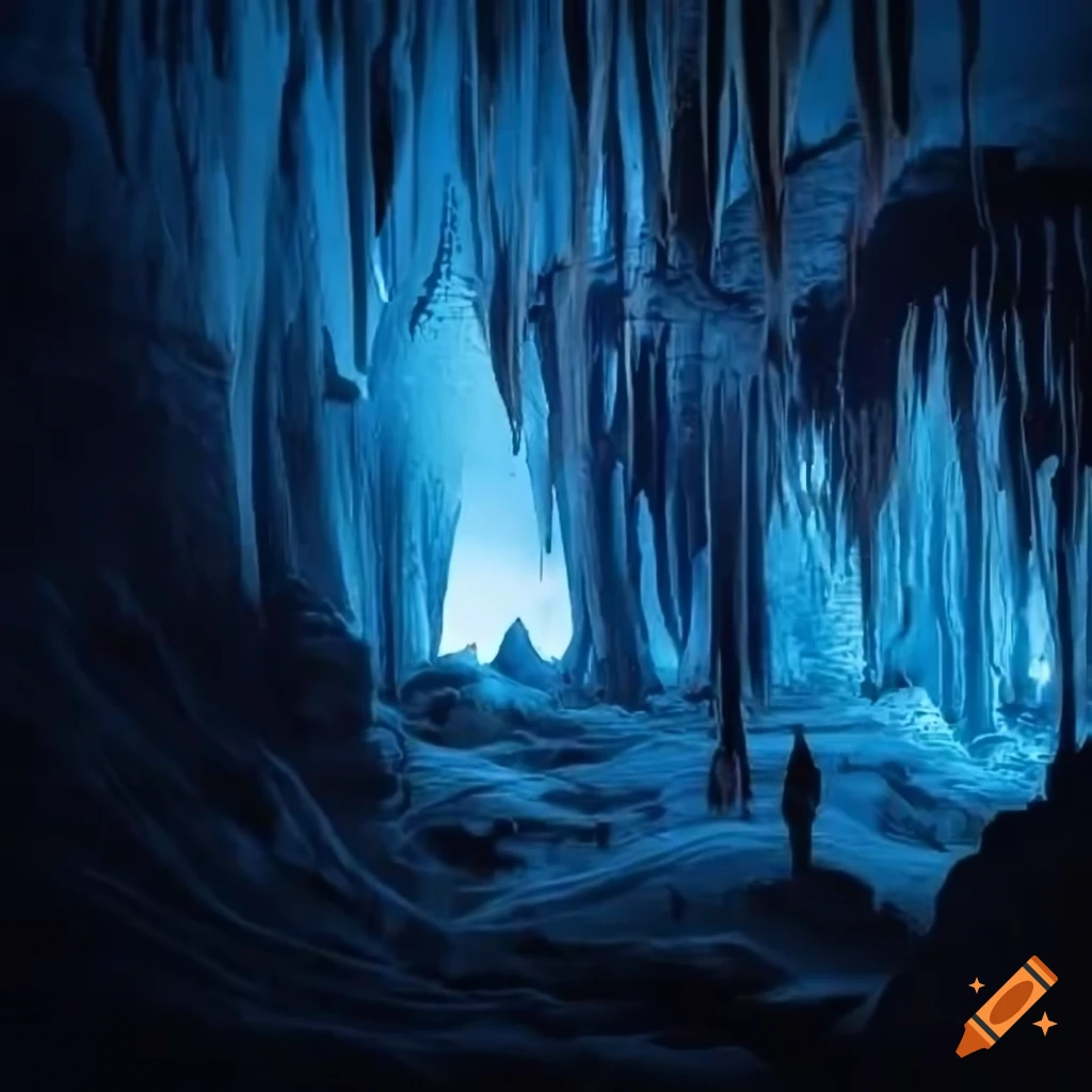 Majestic cave with sharp defined lines and beautiful stalagmites on Craiyon