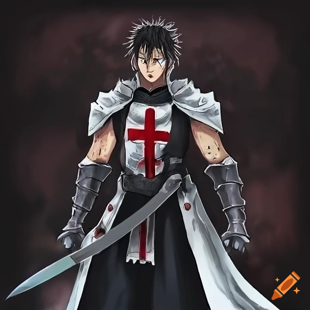 Byakuya Kuchiki fused with Guts in templar armor with a sword on Craiyon