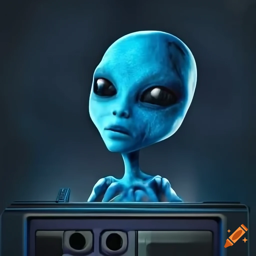 Blue alien watching tv in a futuristic world on Craiyon