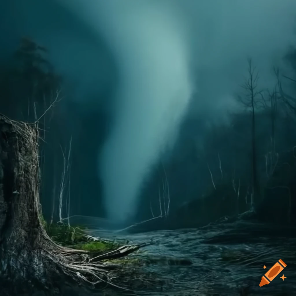Raging tornado causing damage in a forest with flying trees and rocks ...