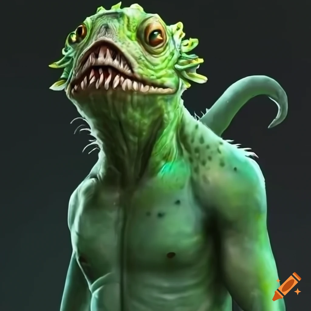 Green scaly humanoid creature embarking on an adventure on Craiyon