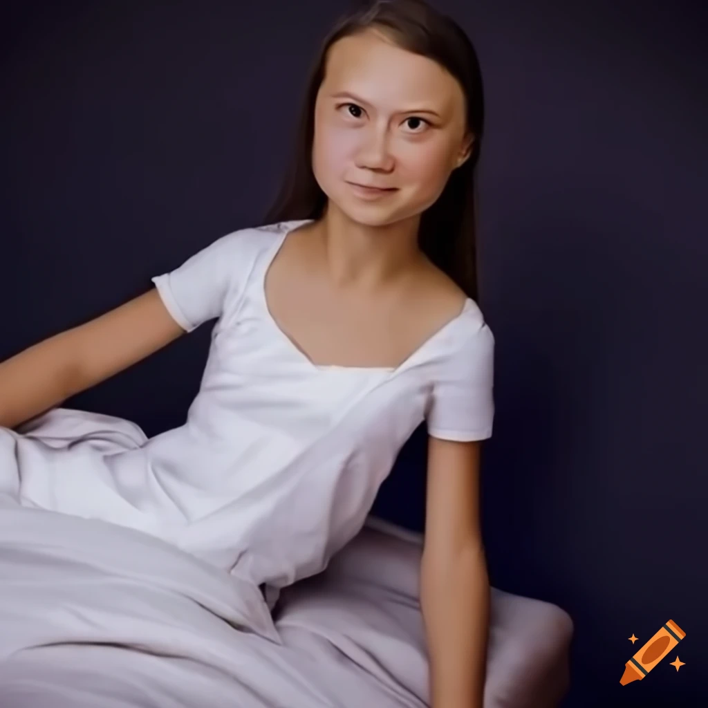 Greta Thunberg in a white nightdress lying on bed with a beaming smile ...