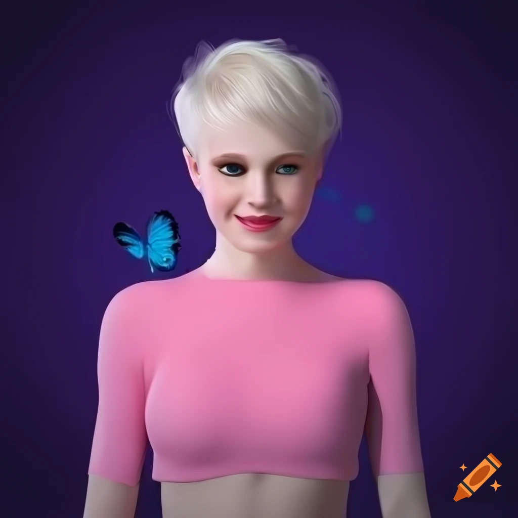 Beautiful young woman with blonde pixie haircut and pink butterfly in ...