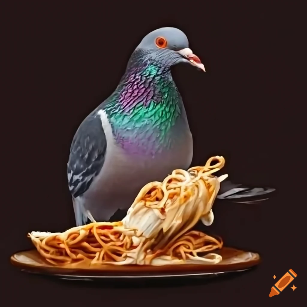 Pigeon eating prata and noodle on Craiyon