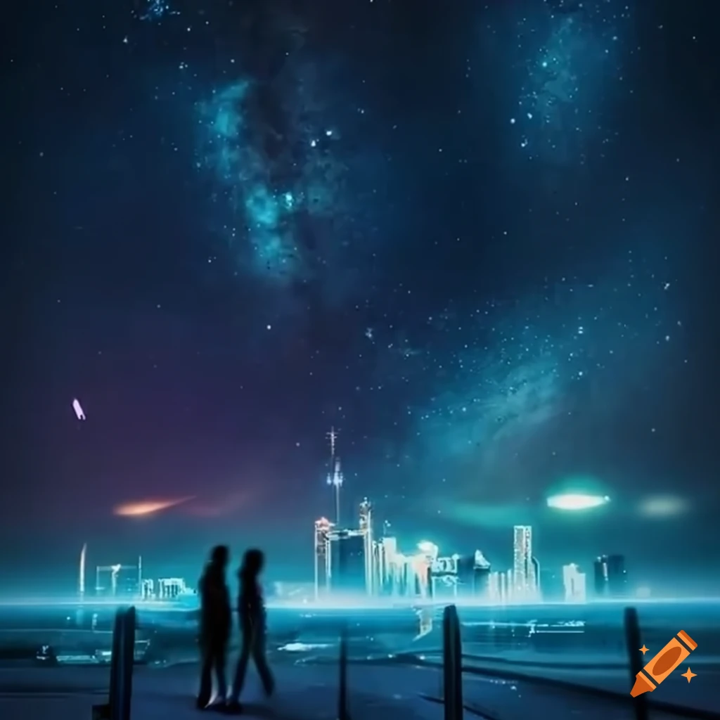 Futuristic city among the stars with diverse young explorers on Craiyon