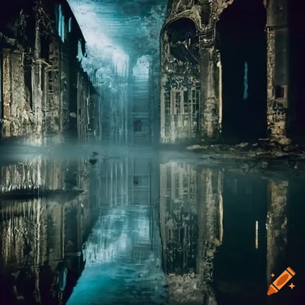 Underwater city corridor in ruins with a tesla punk style on Craiyon