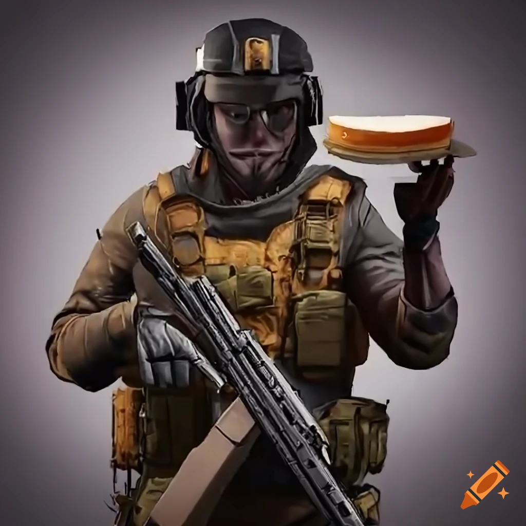 Tactical agent from the division 2 holding a slice of cheesecake on Craiyon