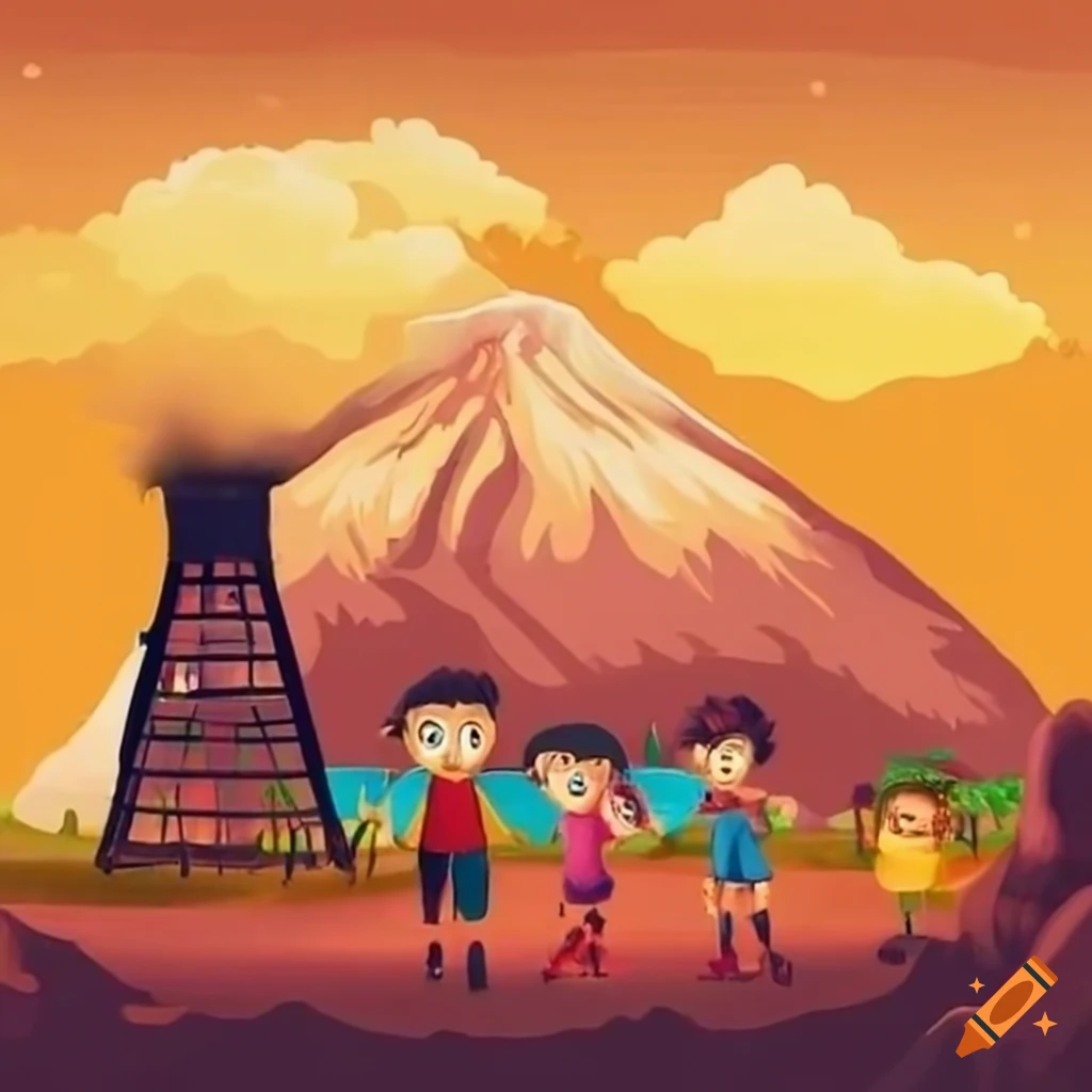 Happy village with families near a volcano on Craiyon