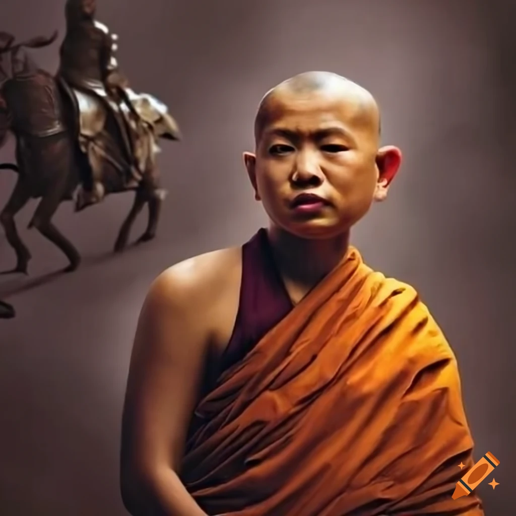 Peace-loving buddhist monk surrounded by knights on Craiyon