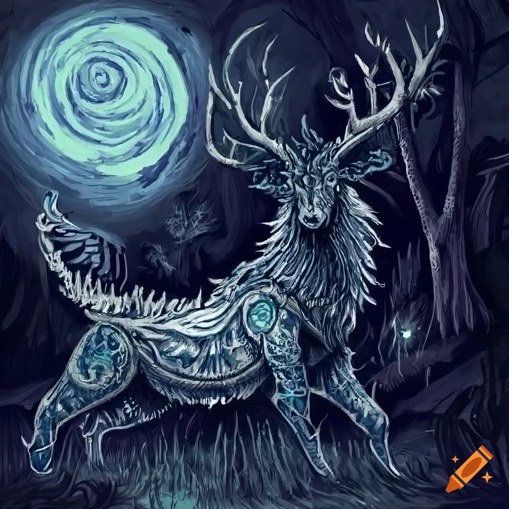Mythical stag creature battling a druid in a wintery environment in the ...