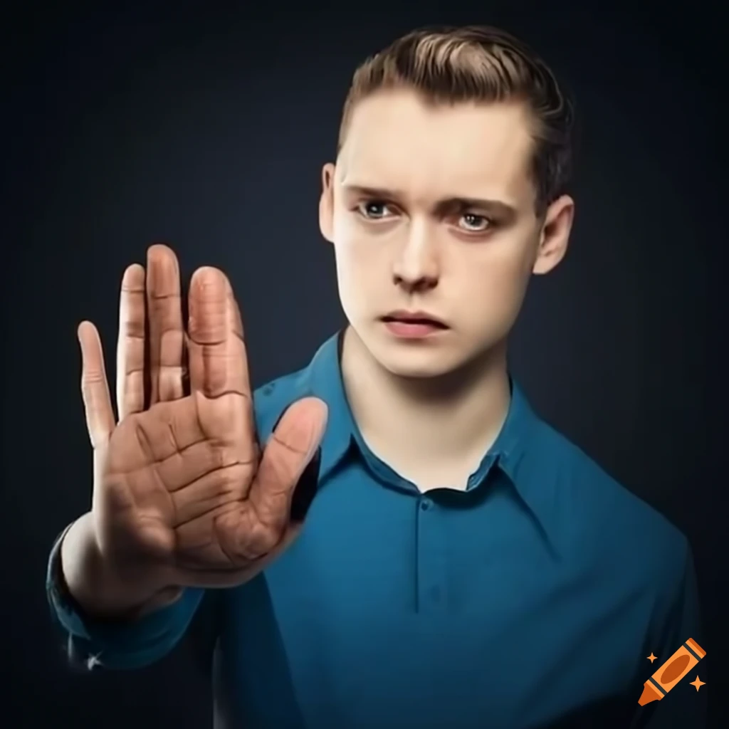 Confident man signaling to stop with his hand on Craiyon