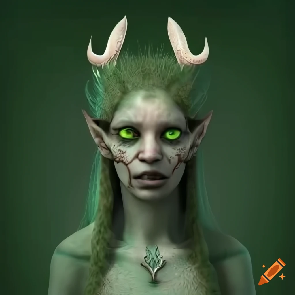3D image of tall and beautiful elven creature with dark green skin and ...