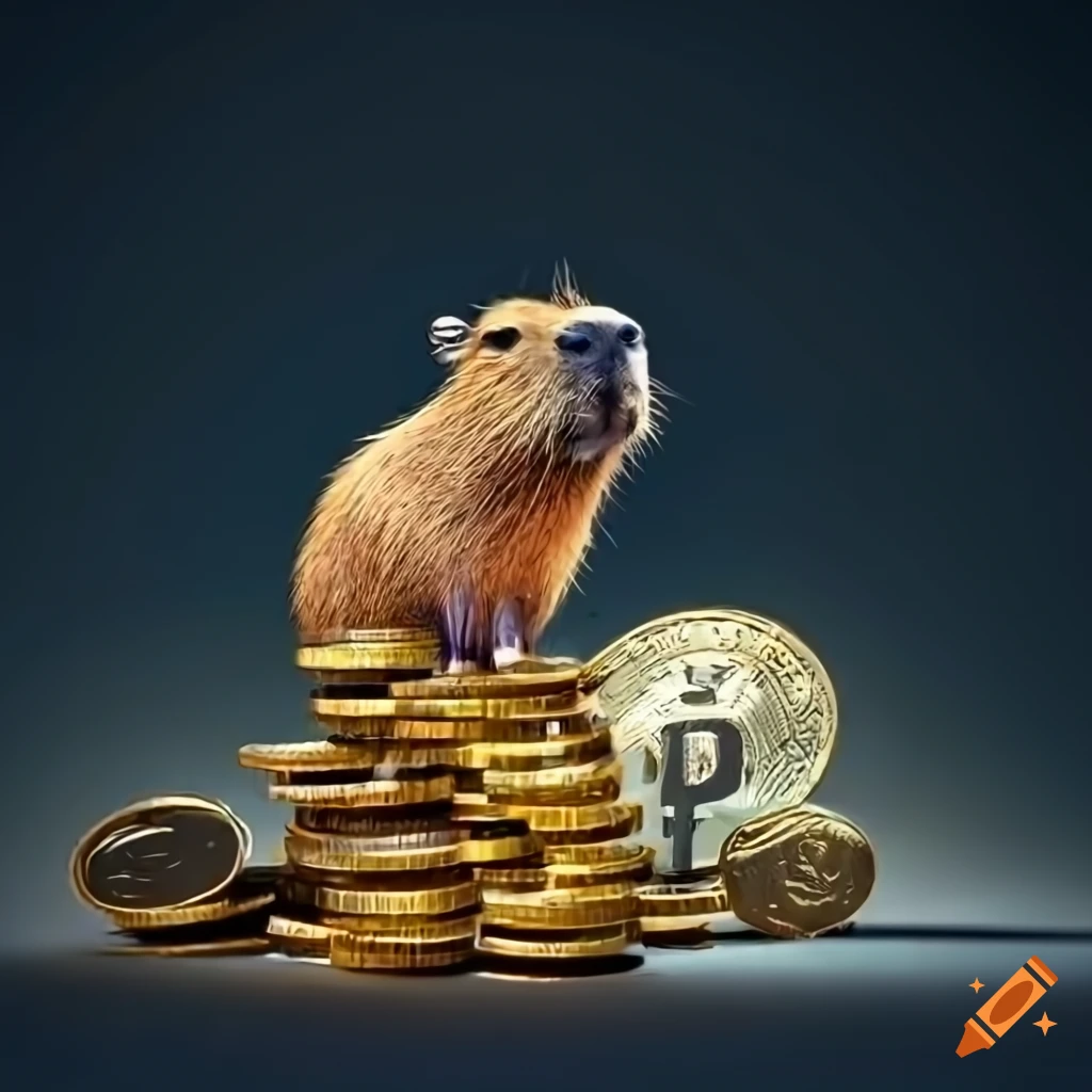 Capybara resting on a pile of crypto coins on Craiyon