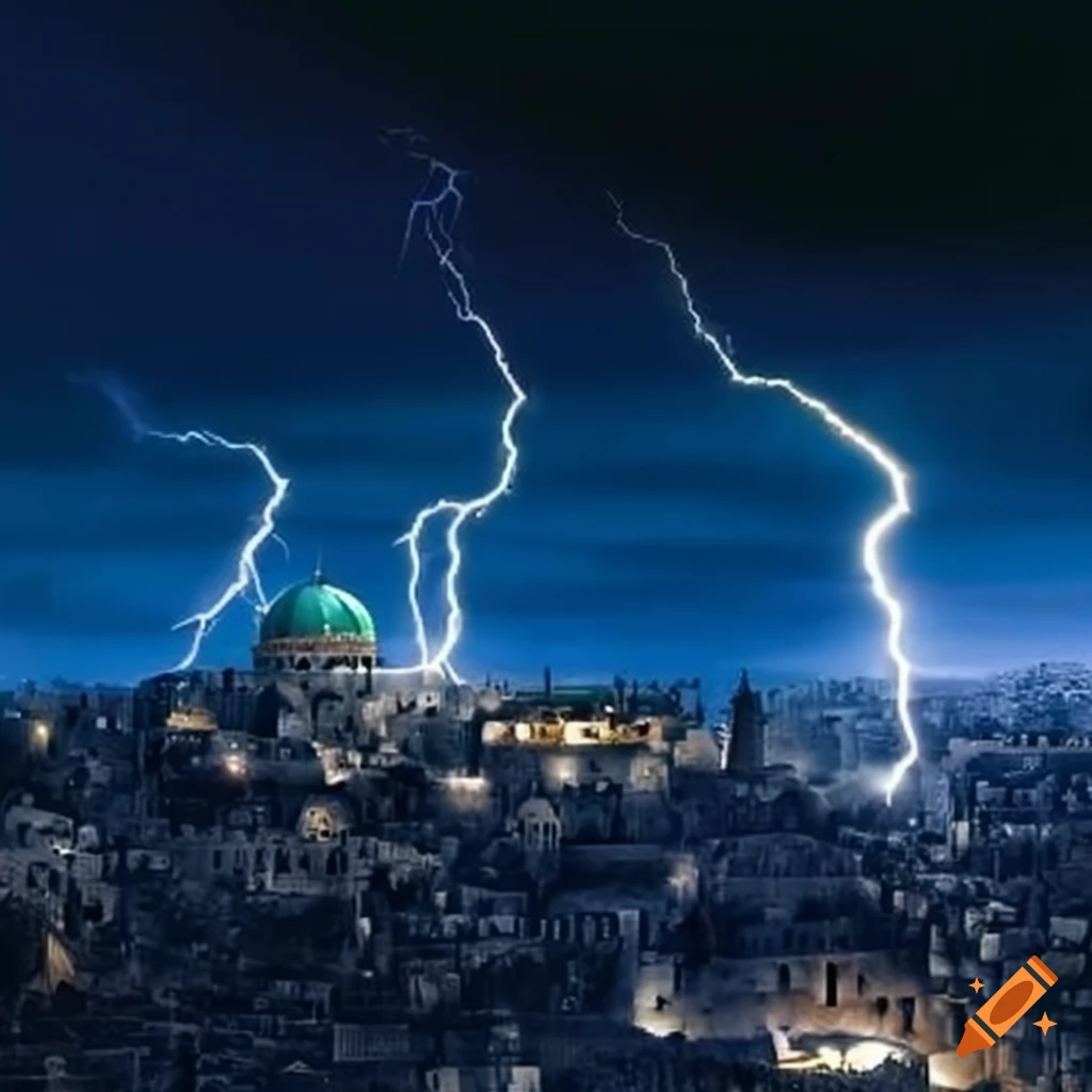 Future cityscape of jerusalem with lightning on Craiyon