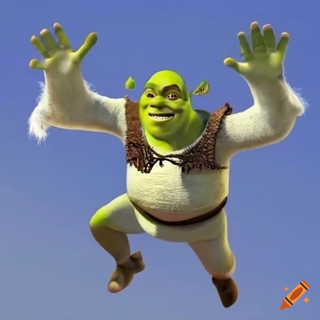 Character resembling shrek floating in the air on Craiyon