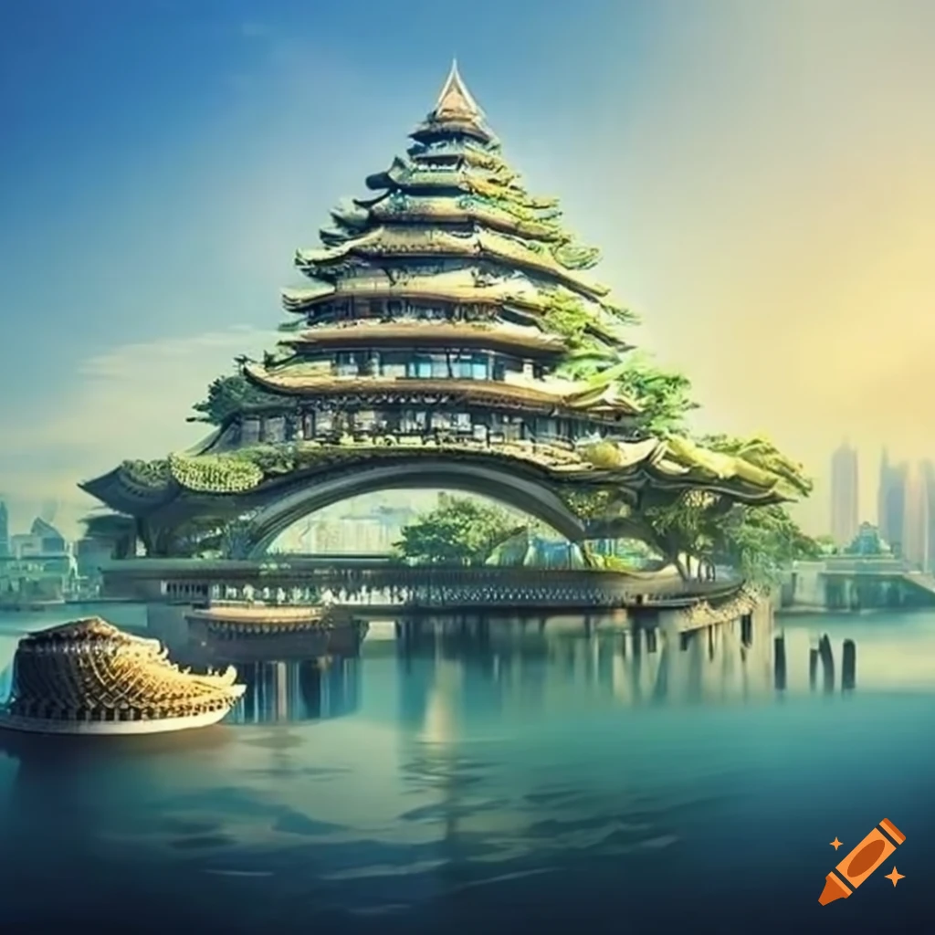 Futuristic Chinese city with traditional architecture on a large lush ...
