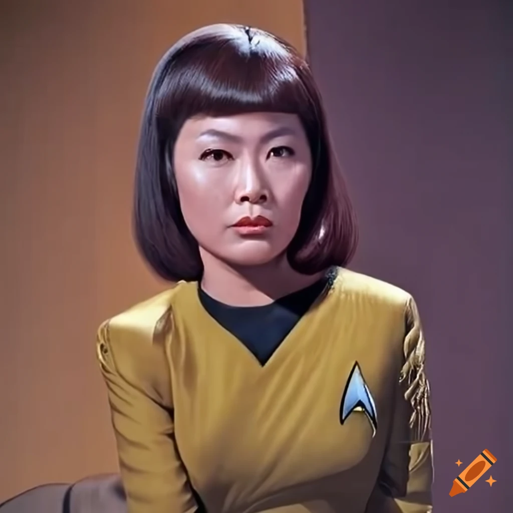 Female korean captain in gold tunic on the bridge of the star trek ...