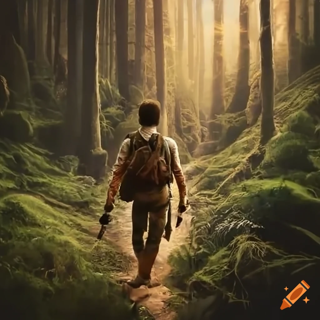 Brave adventurer walking through uncharted forest at dawn on Craiyon