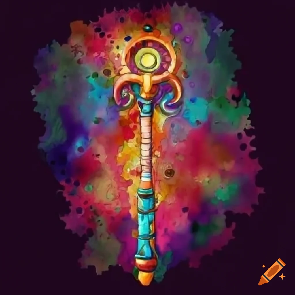 Intricately designed mechanical magic staff with a small sundial at the ...