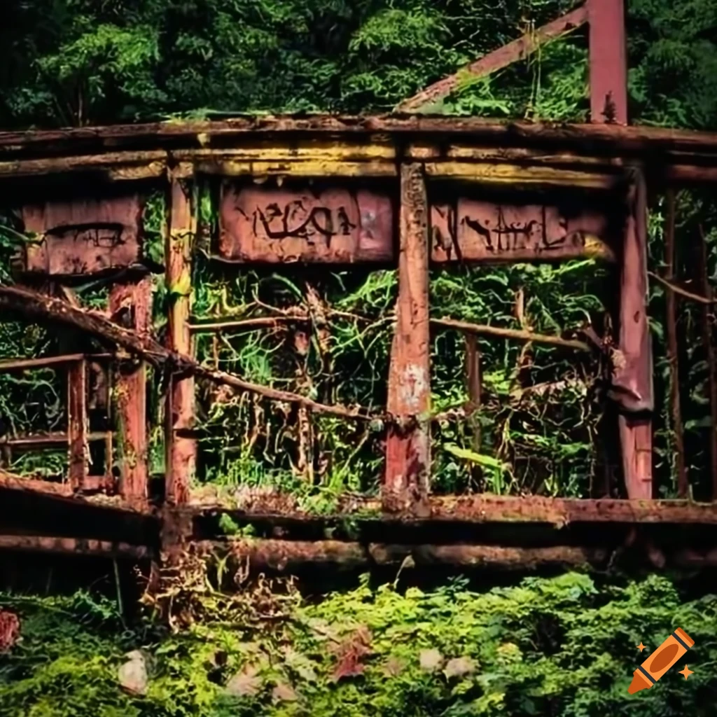 Rusty graffiti filled theme park overgrown with roses and decaying ...