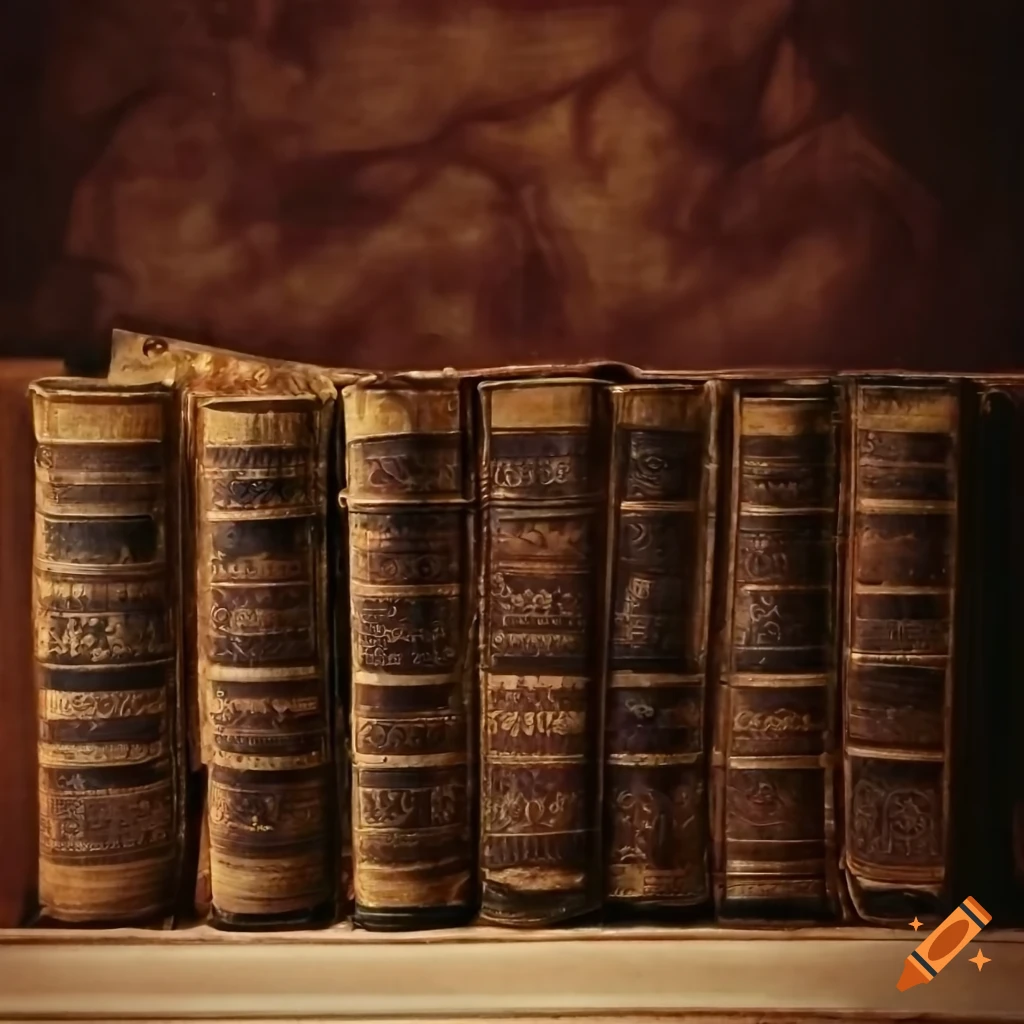 Row of antique vintage old books with detailed spines on Craiyon