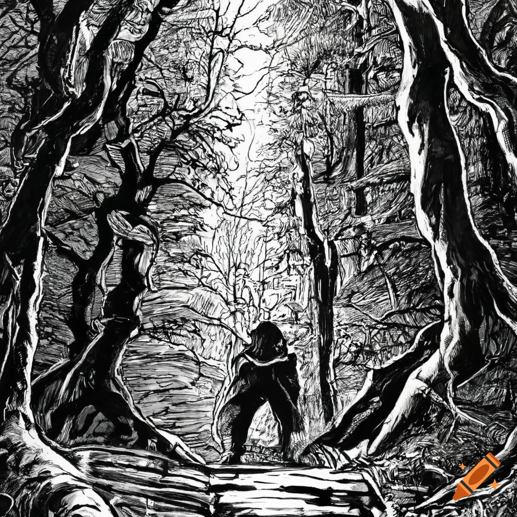 Pen and ink woodland path in the style of Bernie Wrightson with a ...