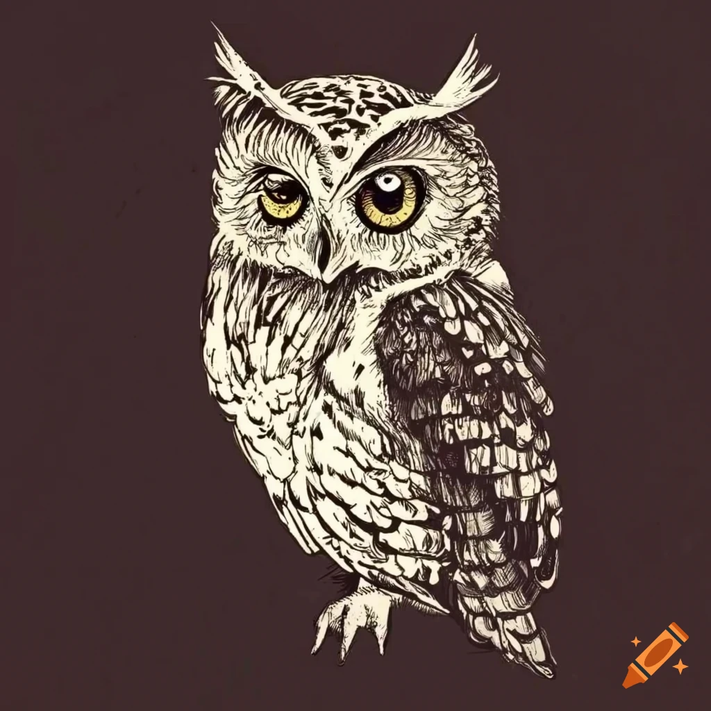 Creepy owl with surprised eyes in a vintage sketch poster style on Craiyon
