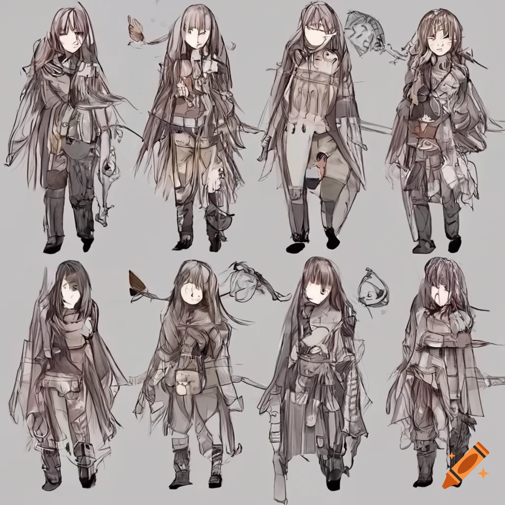 Character design sheet with cute anime-like drawings from different ...