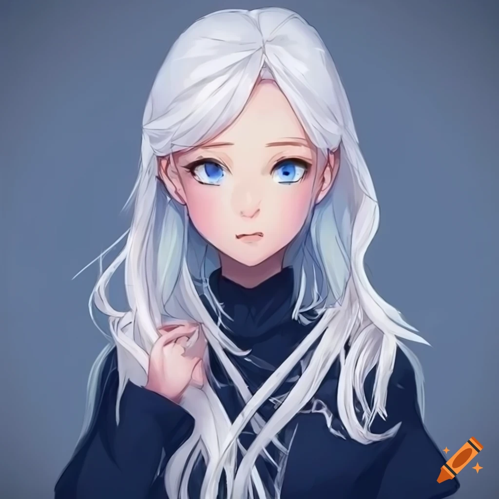 Anime girl with pale skin, wavy white hair, and blue eyes on Craiyon