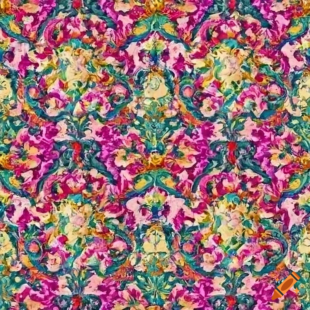 Intricate repeating floral pattern in a funky rococo style on Craiyon